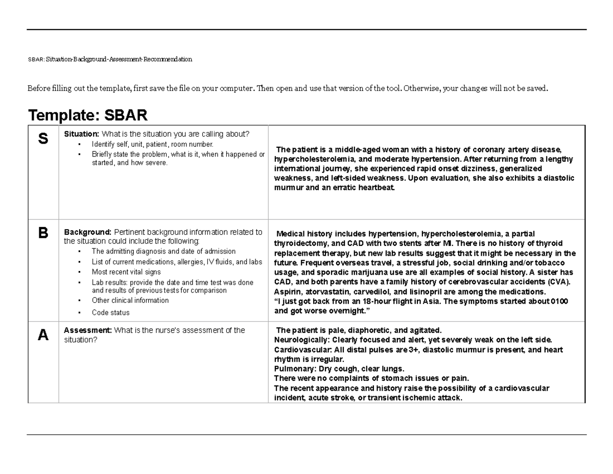 SBAR template from IHI-2 - SBAR: Situation-Background-Assessment ...