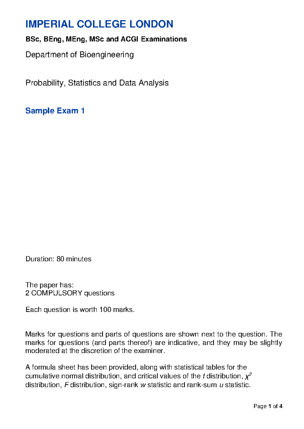 Bioengineering BSc/MSc Sample Exam 1: Probability & Statistics - Studocu