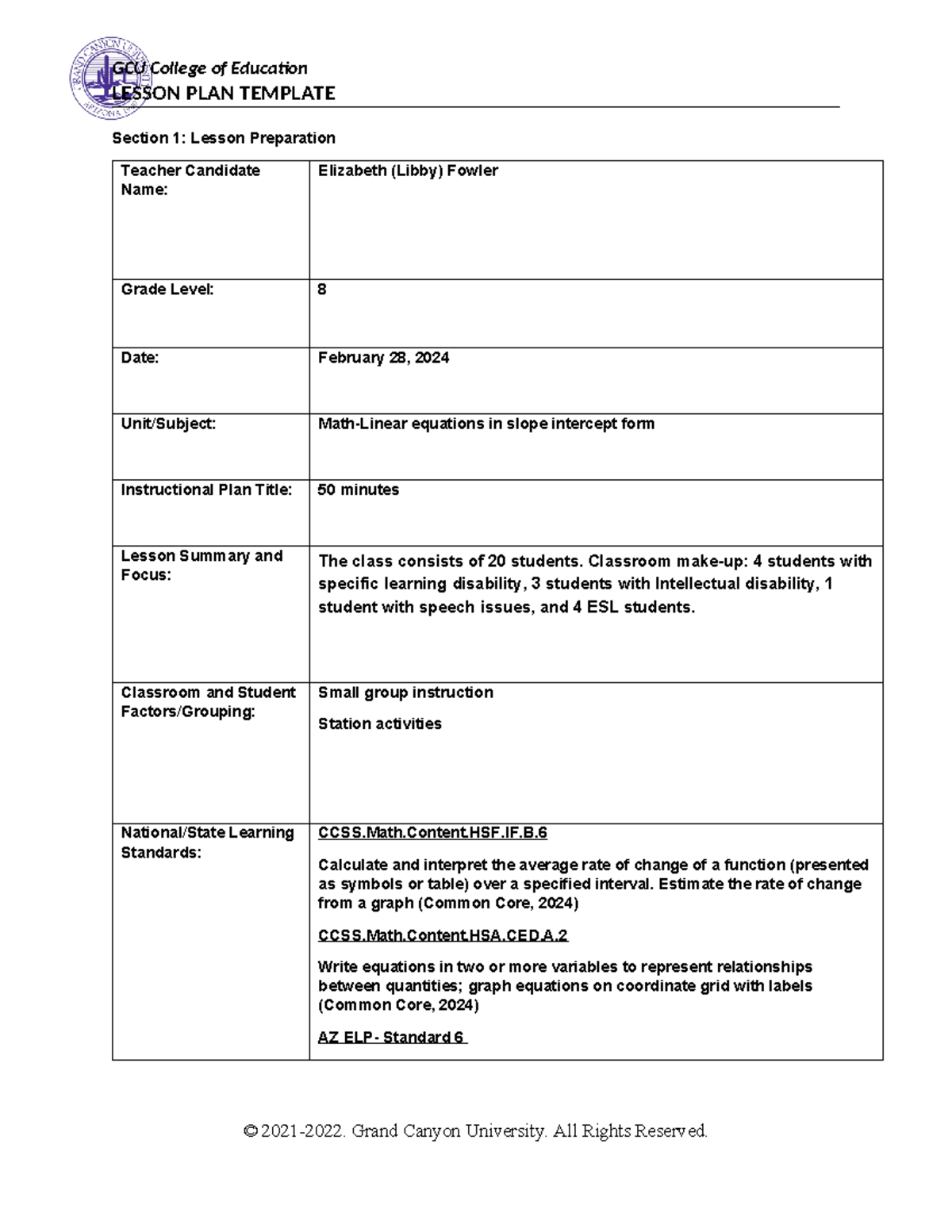 Lesson Plan for 8th Grade Math: Linear Equations for ELLs - Studocu