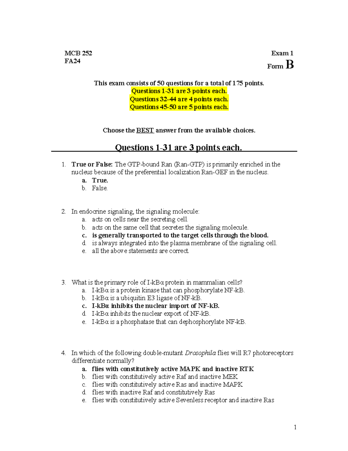 MCB 252 FA24 Exam 1B KEY - Detailed Answer Key for MCB 252 Exam 1 - Studocu