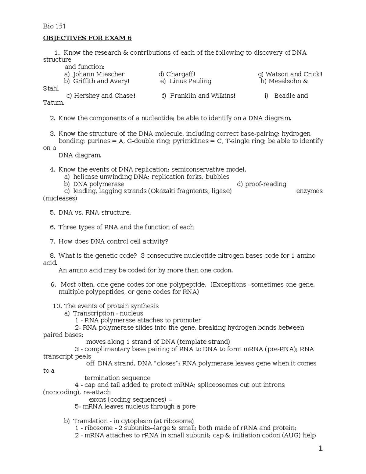 Bio 151 Exam 6 Study Notes: DNA Structure, Replication & Protein ...