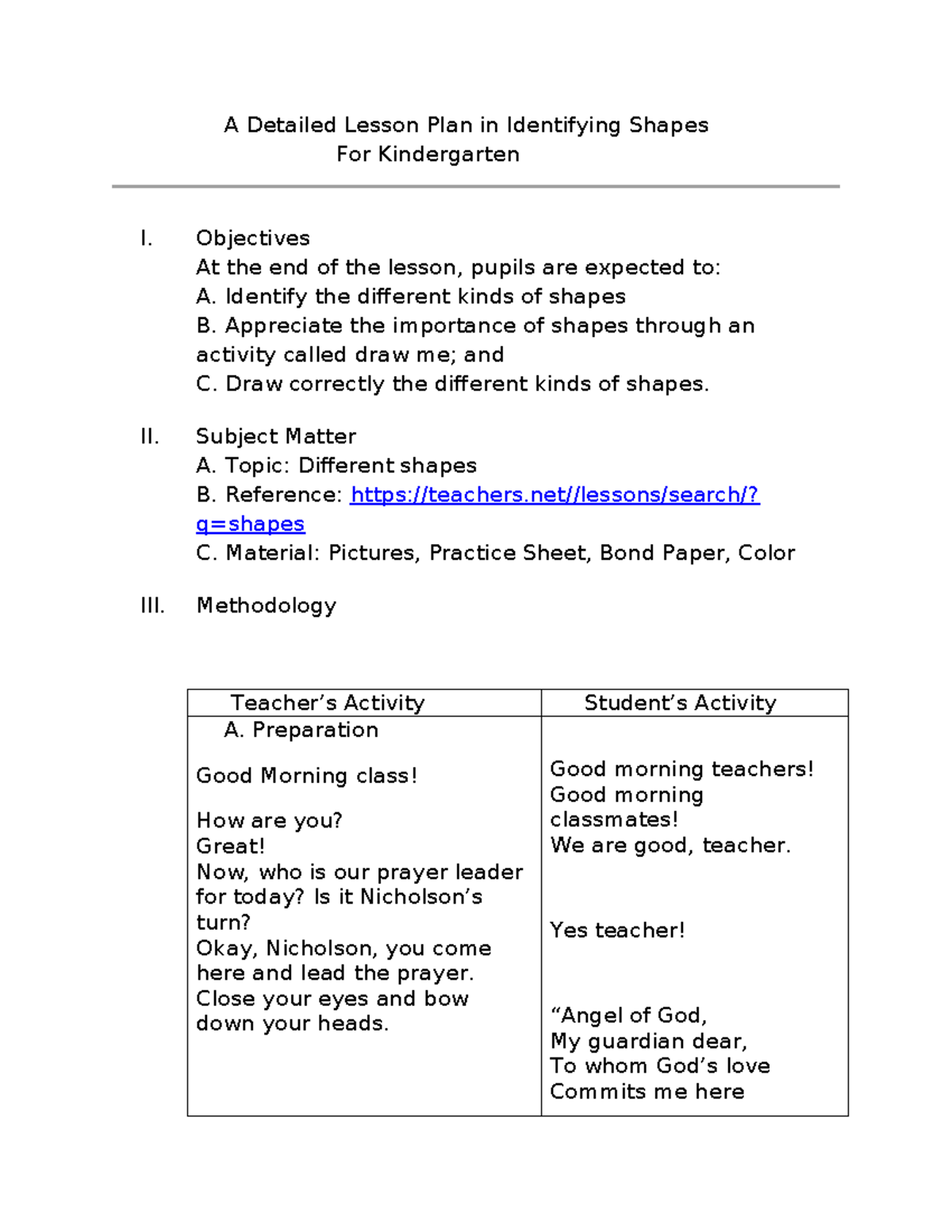 Lesson Plan for Identifying Shapes - Kindergarten Activity - Studocu