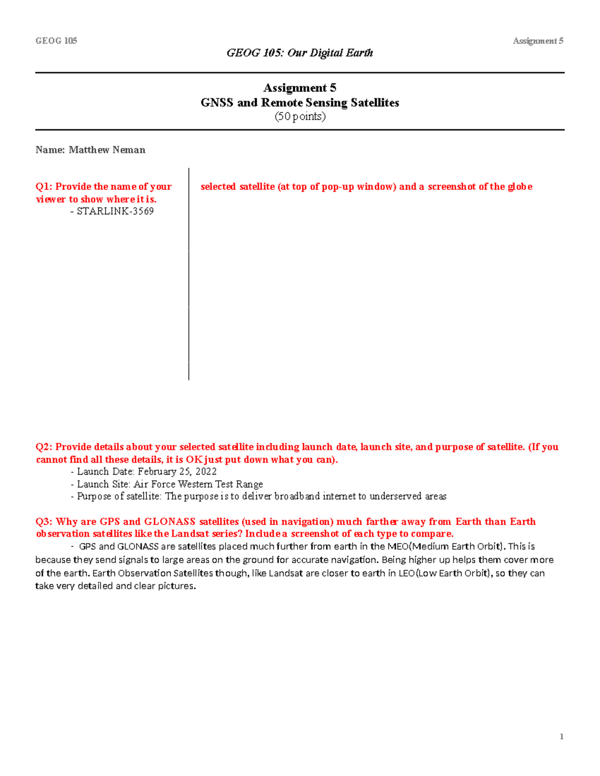 GEOG105 Assignment 5 Answer-Sheet: GNSS & Remote Sensing Analysis - Studocu