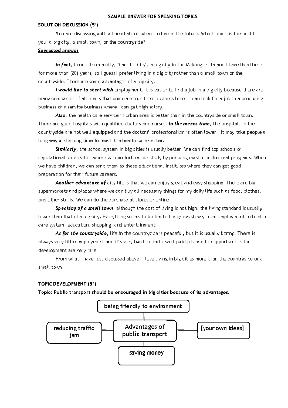 Answer Sample for Speaking Topics: City vs. Countryside Living - Studocu