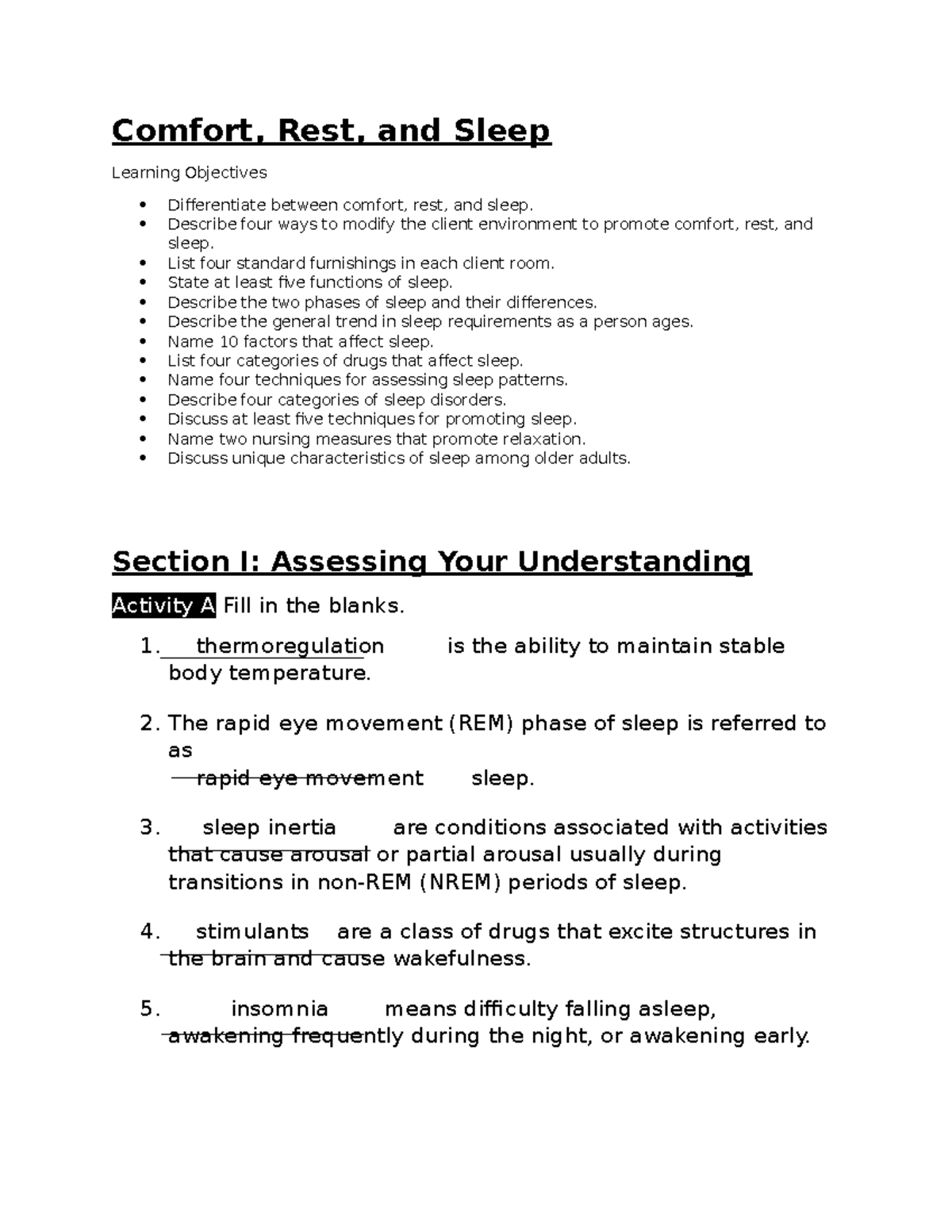 Comfort, Rest, and Sleep Worksheet - Comfort, Rest, and Sleep Learning ...