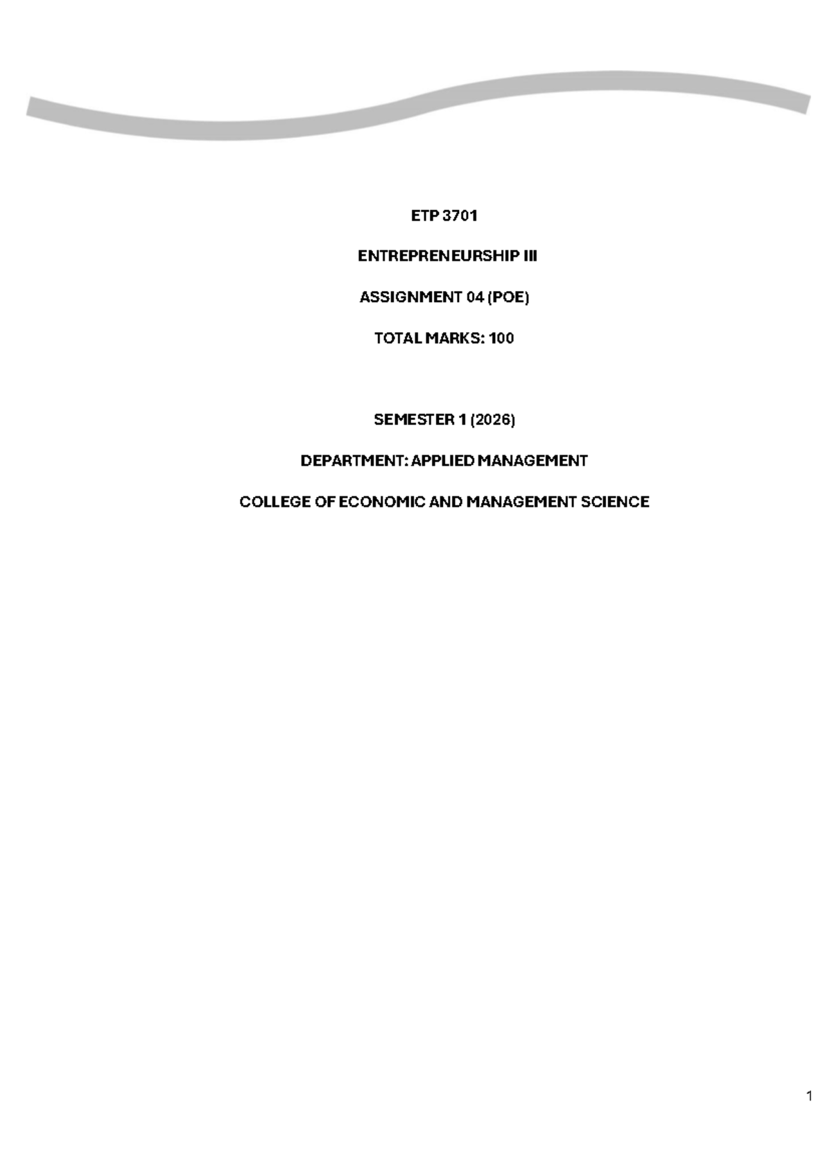 ETP 3701 Entrepreneurship III - Assignment 04 (POE) - Studocu