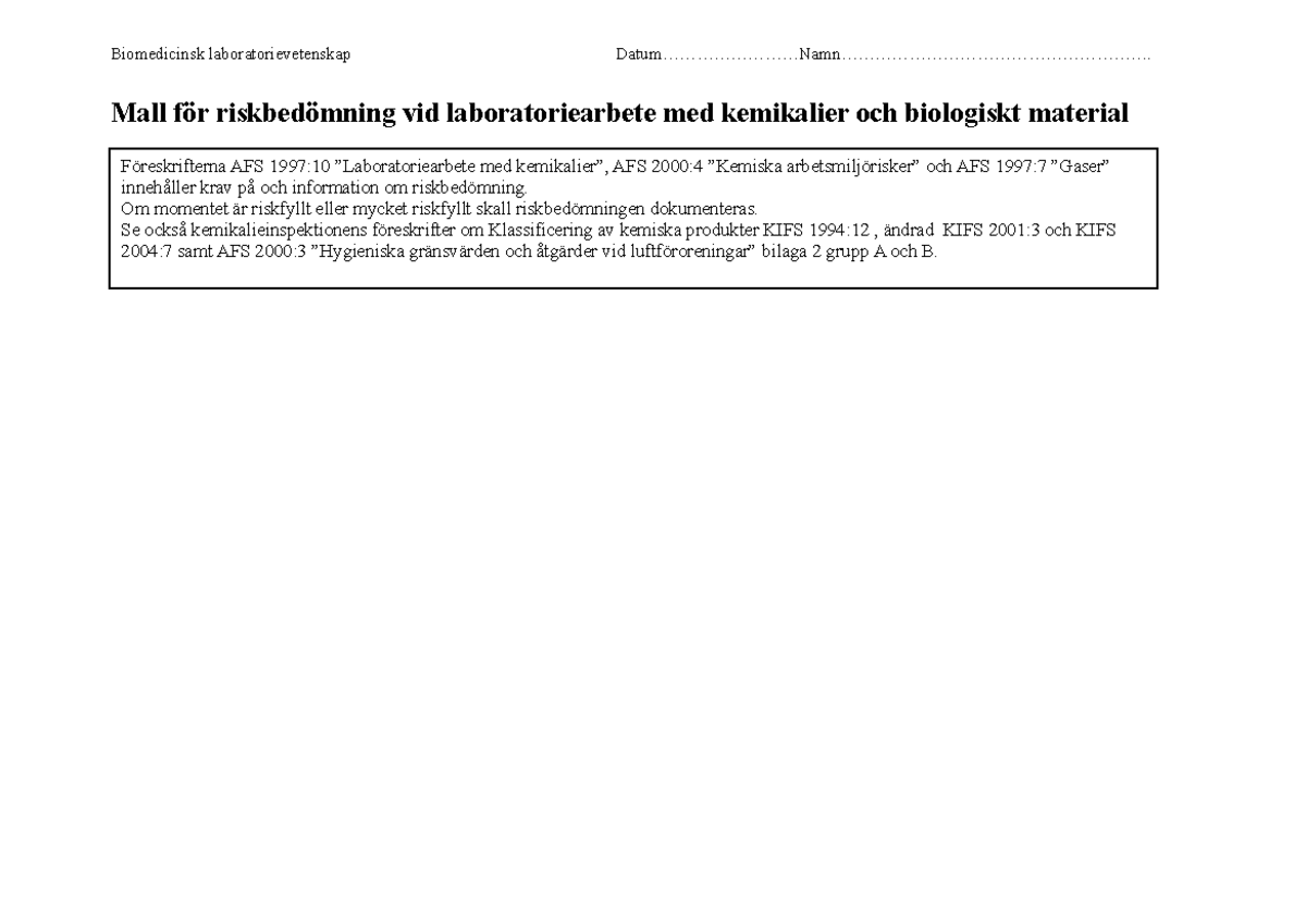 Riskanalys av 37%-ig HCl för Biomedicinskt Laboratorium - Studocu