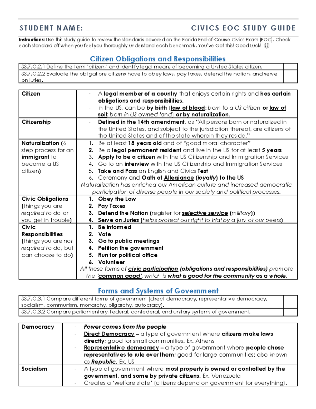Florida Civics EOC Study Guide: Key Concepts and Review - Studocu