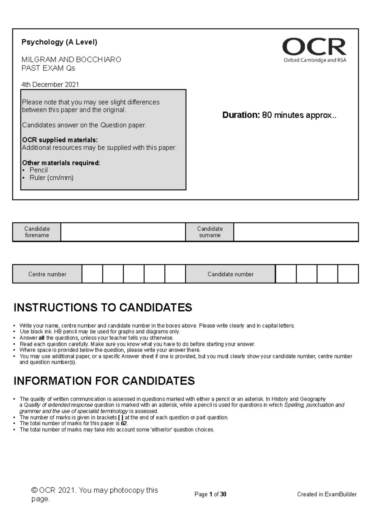 Milgram & Bocchiaro (Psychology A Level) Past Exam Questions - Studocu