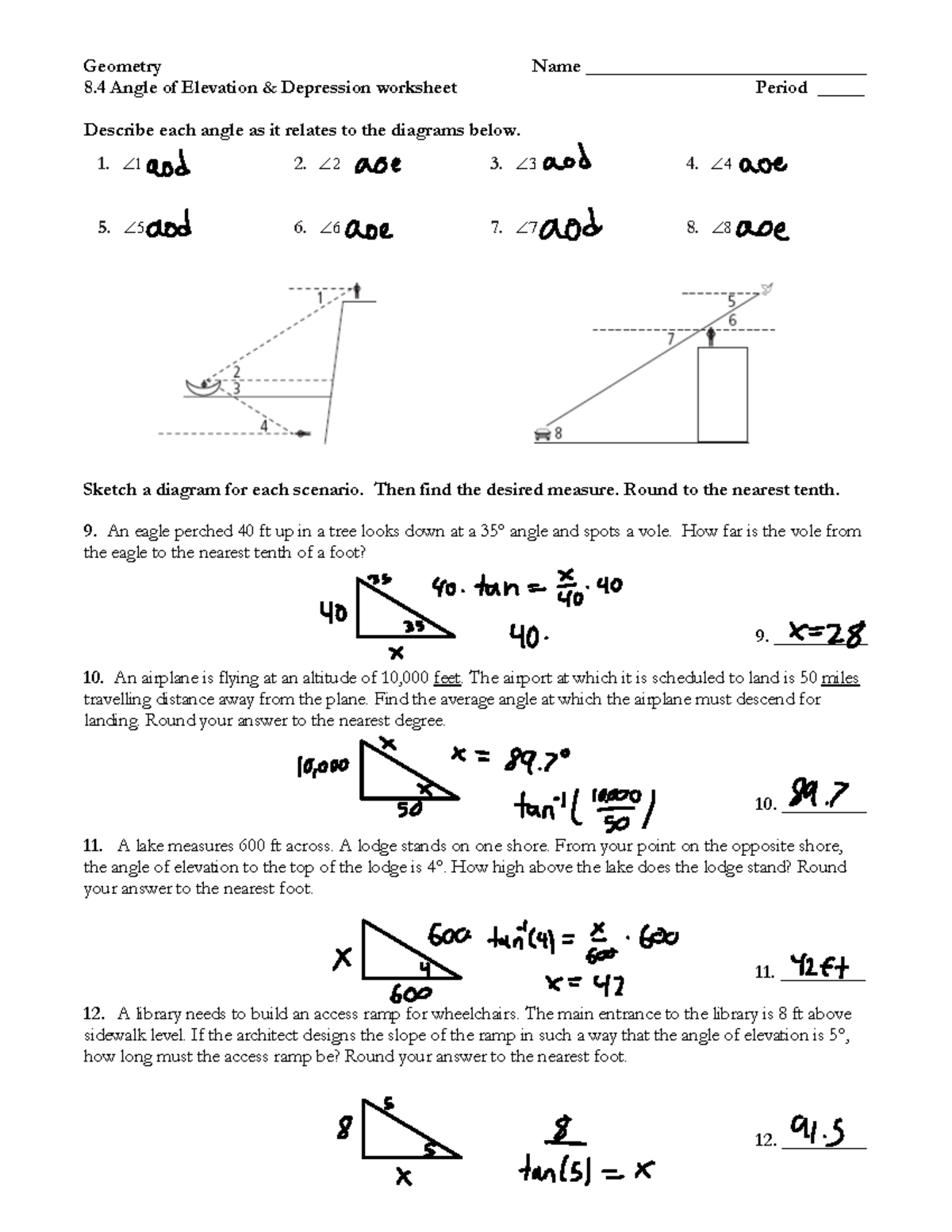 8.4 Geometry Worksheet - Angle of Elevation & Depression Analysis - Studocu