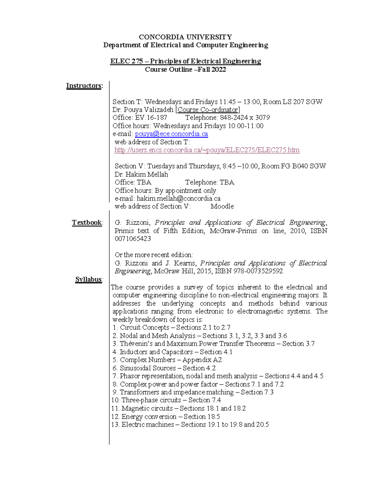 ELEC275-Outline-F2022 - CONCORDIA UNIVERSITY Department of Electrical ...