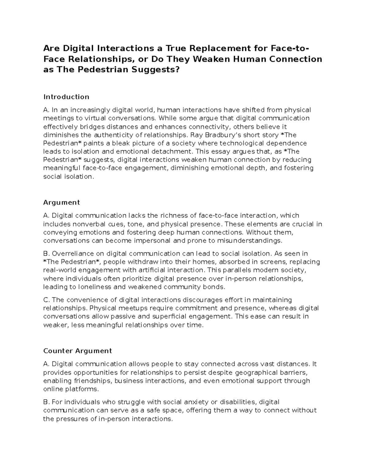 ENG 101: Argumentative Essay on Digital Interactions and Human ...
