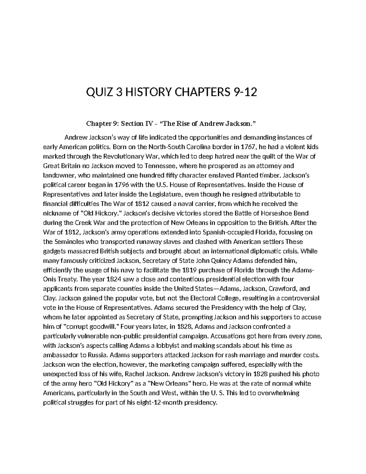 Quiz 3 - Essay Notes on U.S. History from Chapters 9 to 12 - Studocu