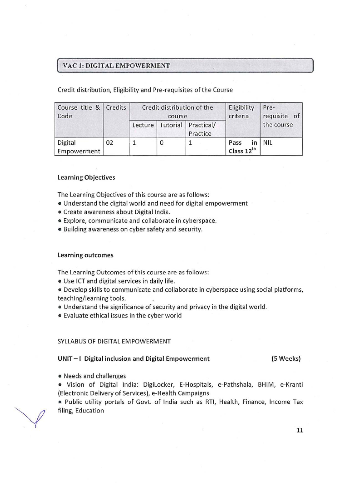 VAC 1: DIGITAL EMPOWERMENT Course Overview and Learning Objectives ...