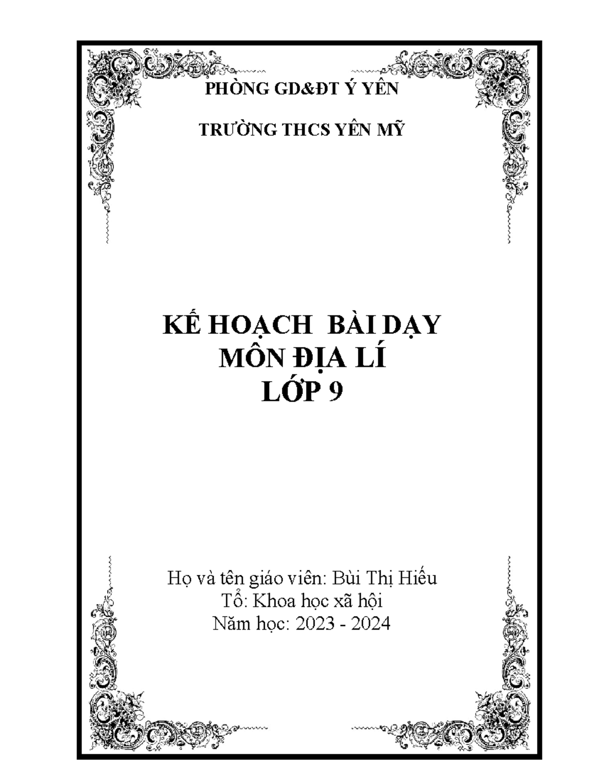 KẾ HOẠCH BÀI DẠY ĐỊA LÍ LỚP 9 - TRƯỜNG THCS YÊN MỸ - Studocu