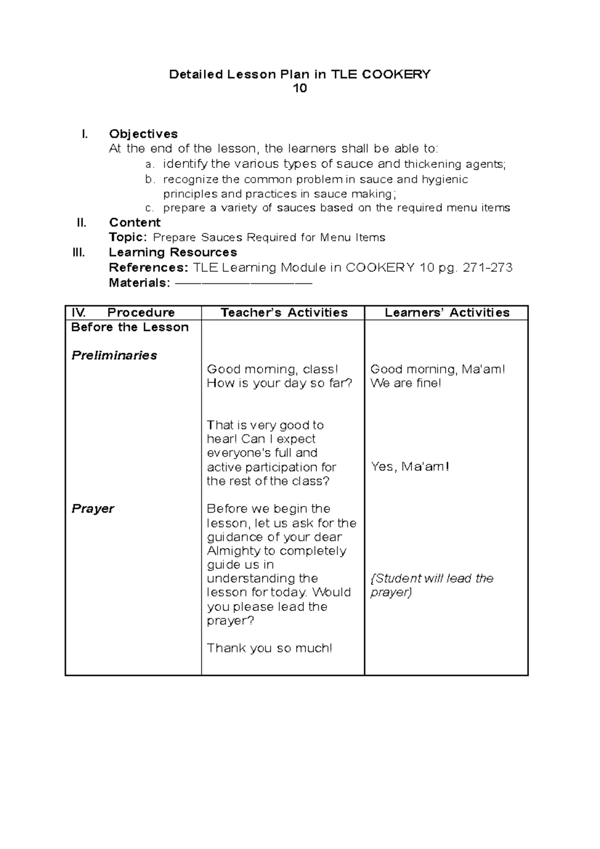Prepare Sauces Required for Menu Items123 - Detailed Lesson Plan in TLE ...