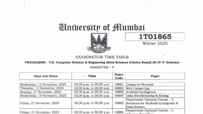 1T01865 - Winter 2025 T.E. Computer Science Exam Timetable - Studocu