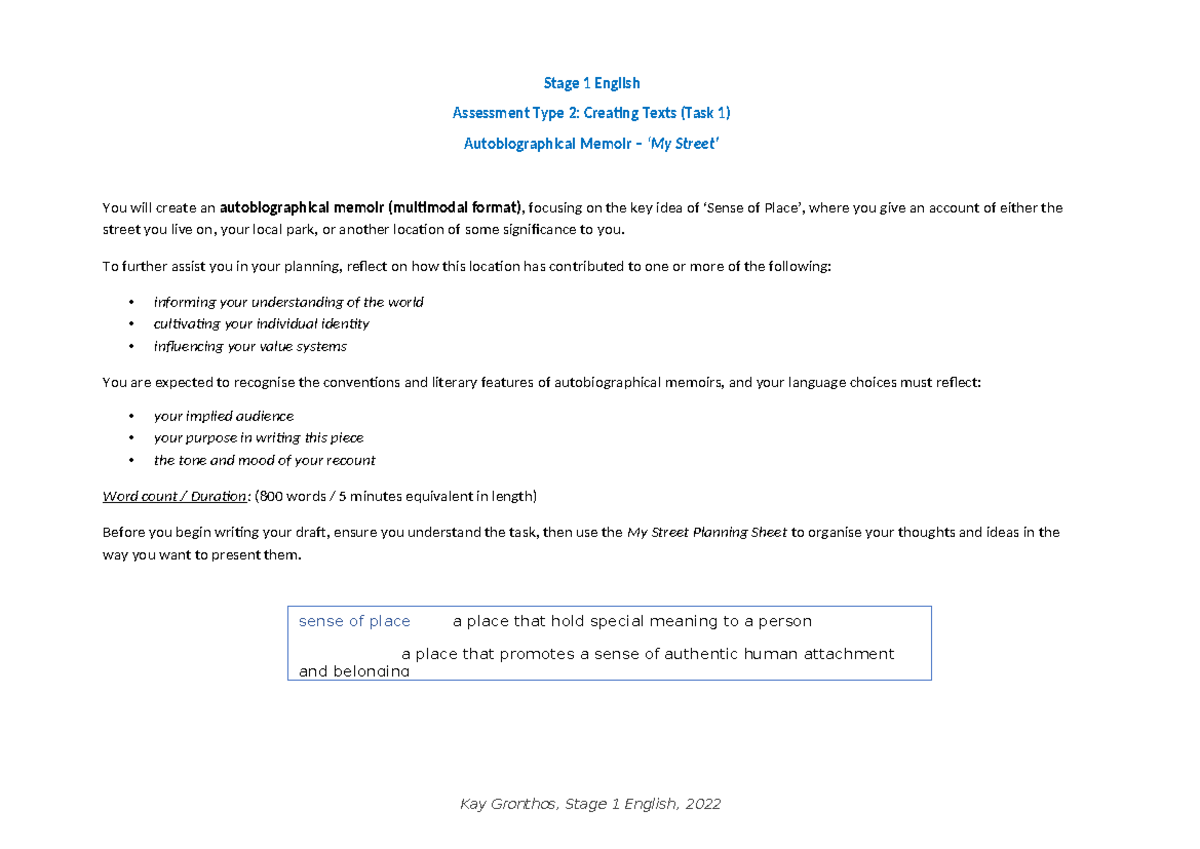 Stage 1 English Assessment Type 2: Autobiographical Memoir Draft - Studocu