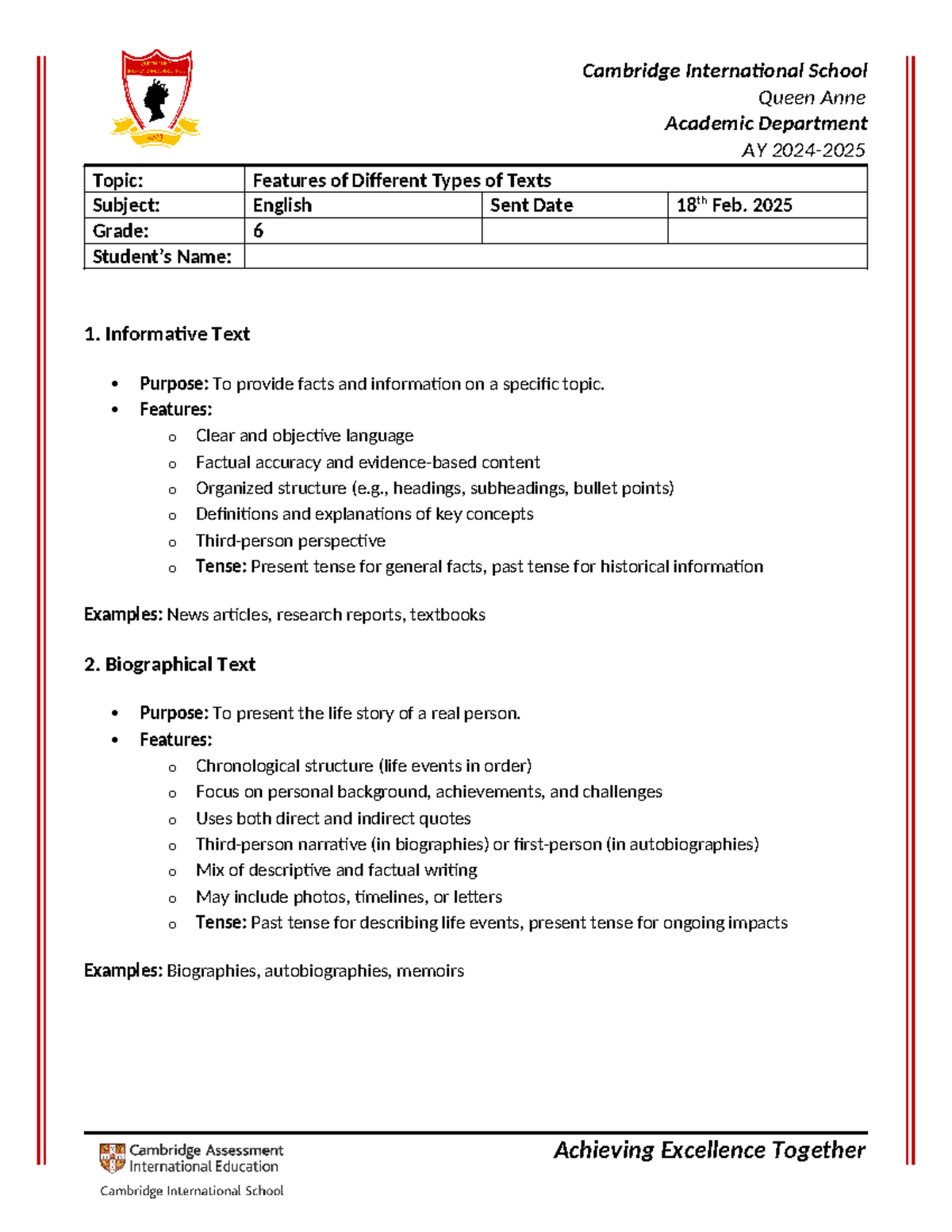 Worksheet 6: Features of Different Text Types - English - Studocu