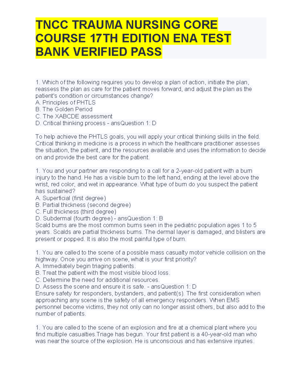 TNCC Trauma Nursing Core Course 17th Edition ENA Test Bank Review - Studocu