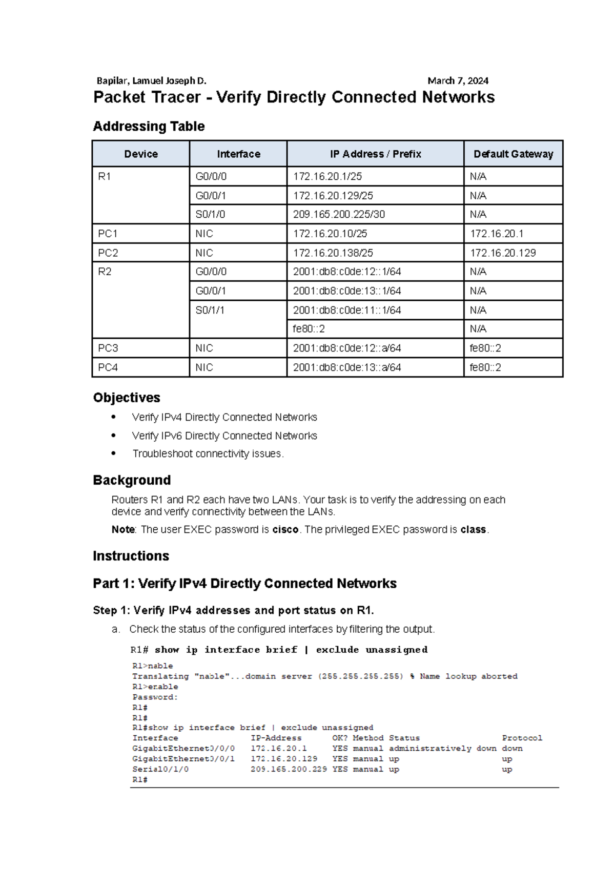 Bapilar 1.5.10 - Packet Tracer Final Exam: Verify Directly Connected ...