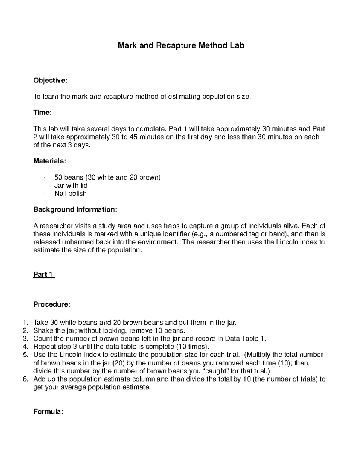 Mark and Recapture Method Notes for Lab Activity - Studocu
