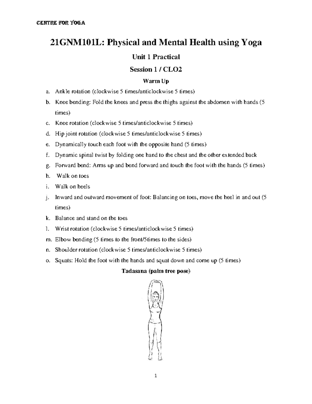 21GNM101L: Unit 1 Practical Yoga Session for Physical & Mental Health ...
