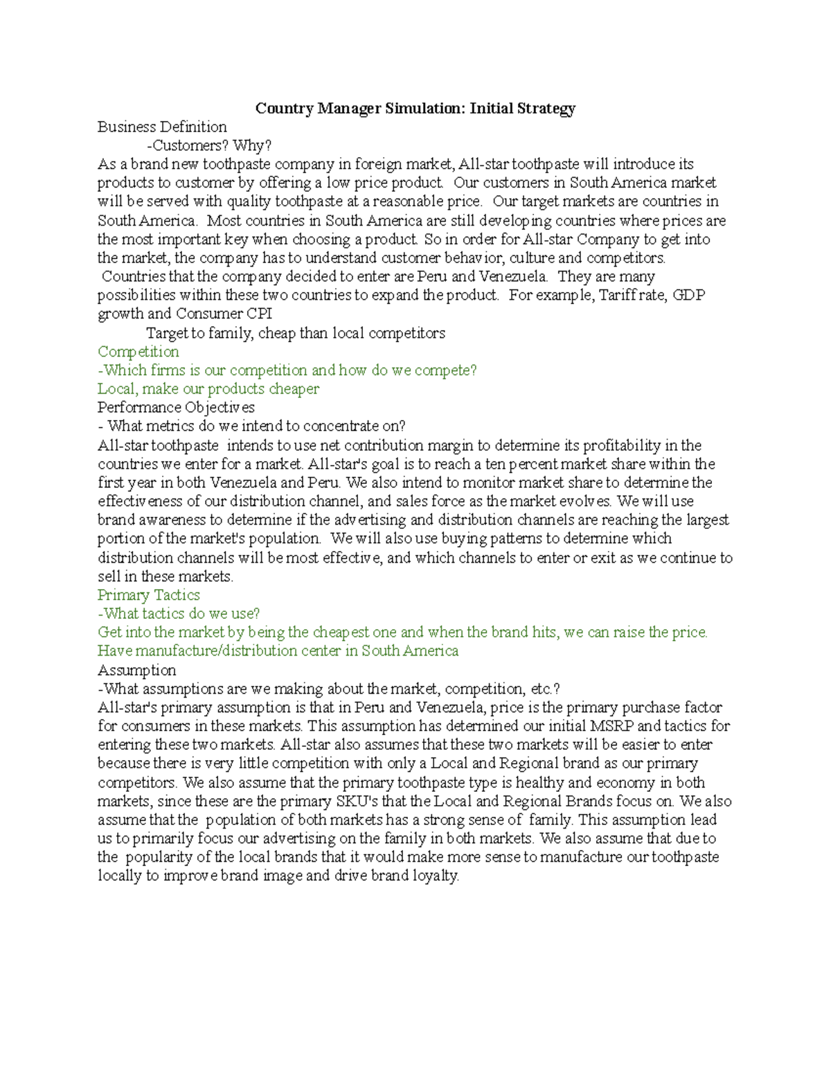 Country Manager Simulation Report: Initial Strategy Group 1 - Studocu