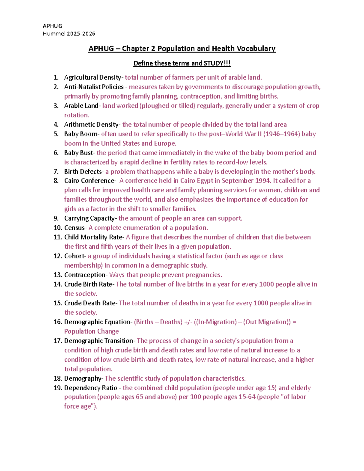 APHUG Hummel Chapter 2 Population and Health Vocabulary List - Studocu