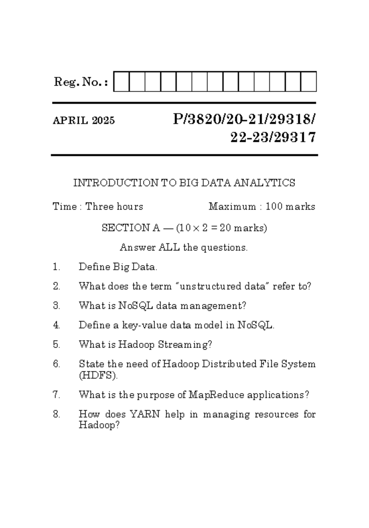 BIG DATA ANALYTICS - April 2025 Question Paper - Studocu