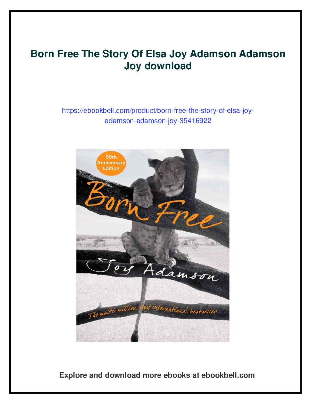 Born Free: The Story of Elsa by Joy Adamson - Download Now! - Studocu
