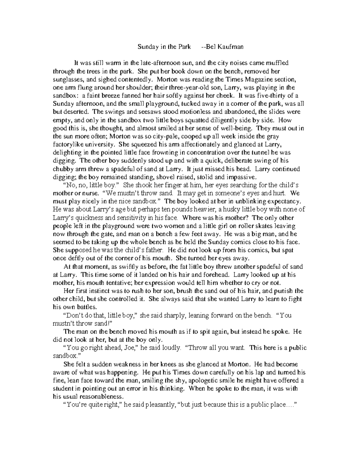 Short Story Analysis: "Sunday in the Park" by Bel Kaufman - Studeersnel