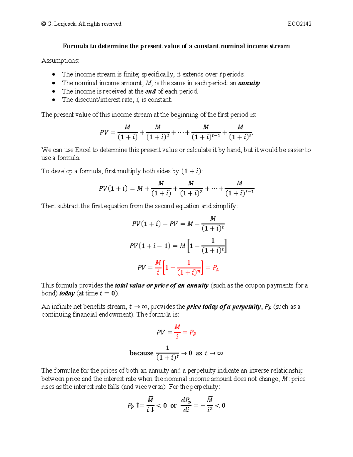 ECO2142 Lecture Notes on Present Value Formulas - Studocu
