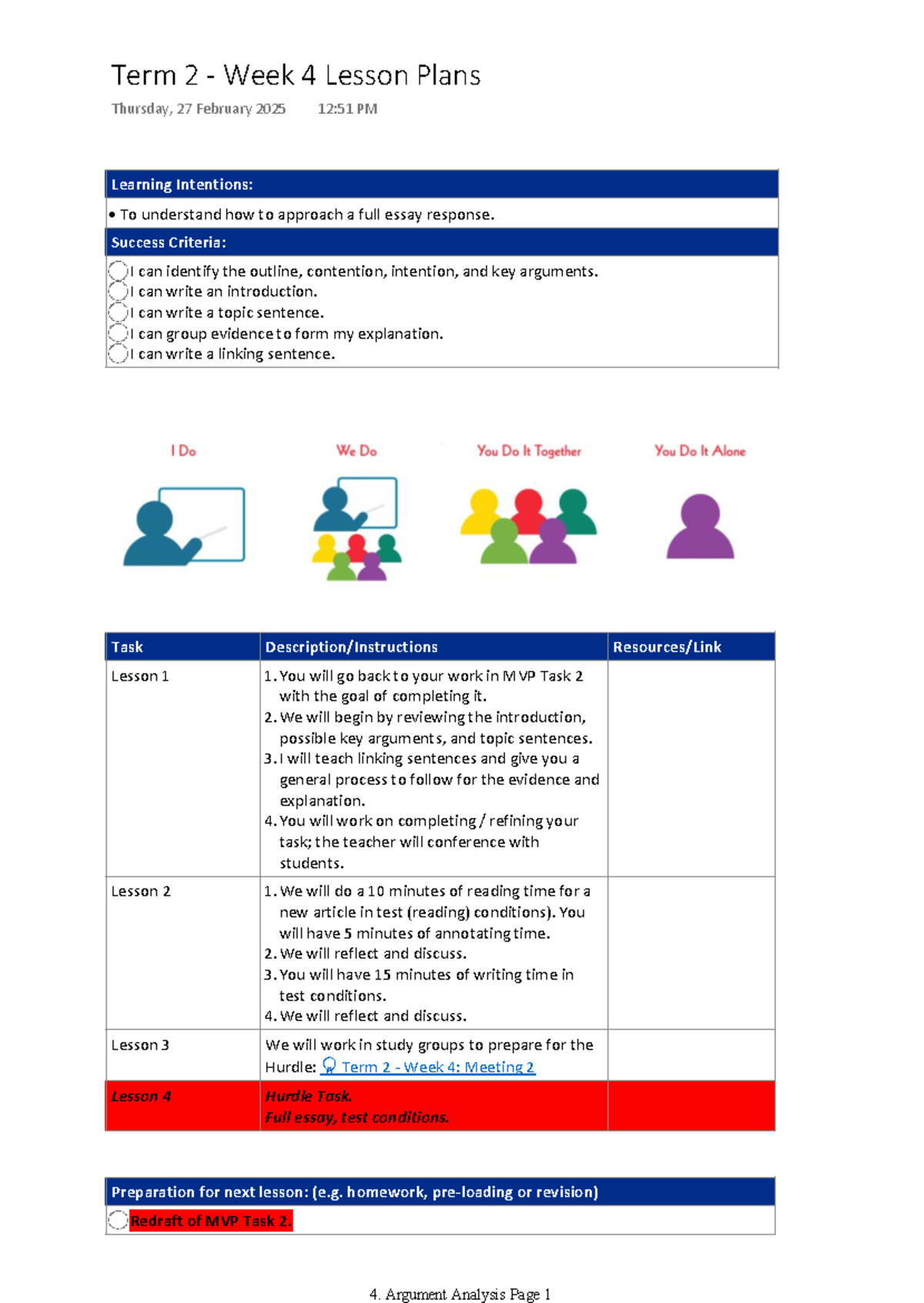 Y12 Term 2 Week 4 Lesson Plans: Essay Writing Focus - Studocu