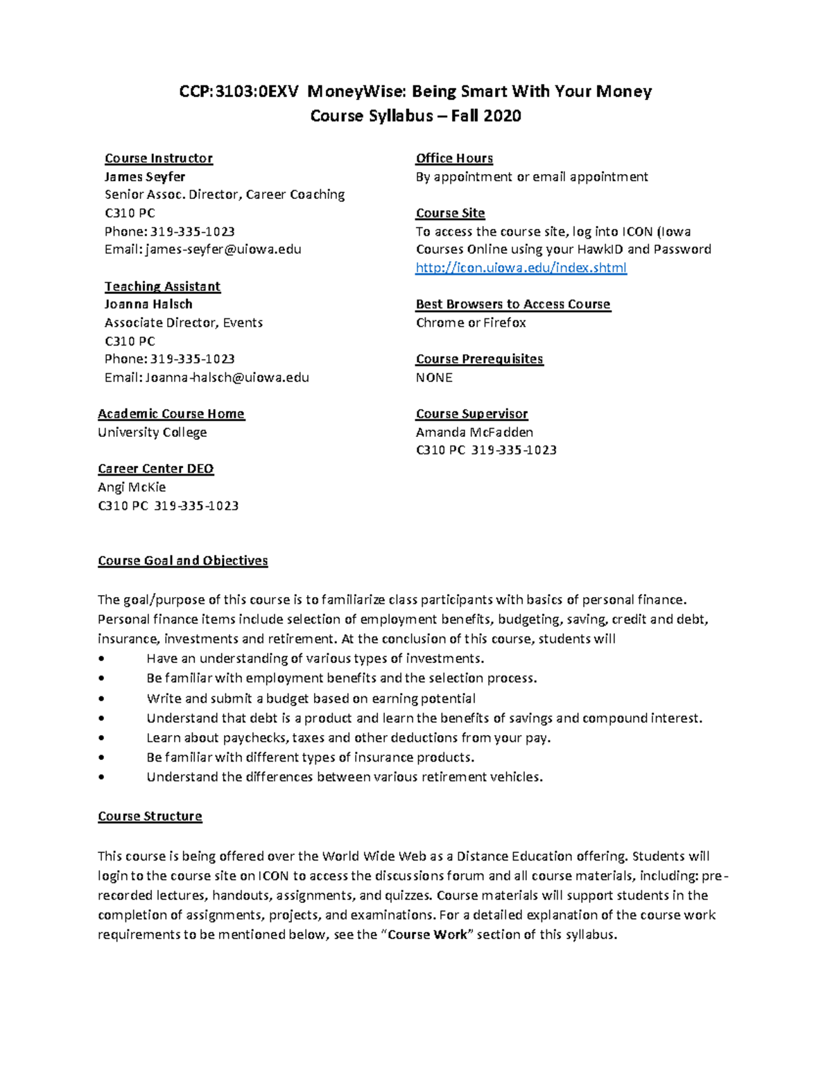 CCP:3103:0EXV Money Wise Course Syllabus - Fall 2020 by James Seyfer ...