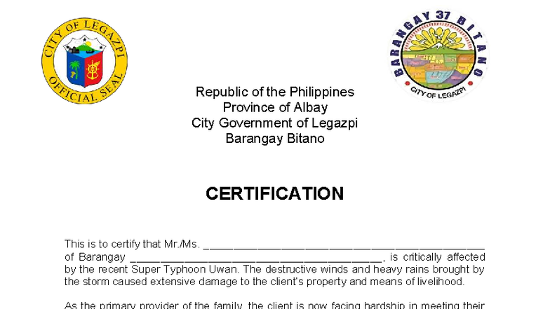 Certification - Legazpi Mayor - Republic of the Philippines Province of ...