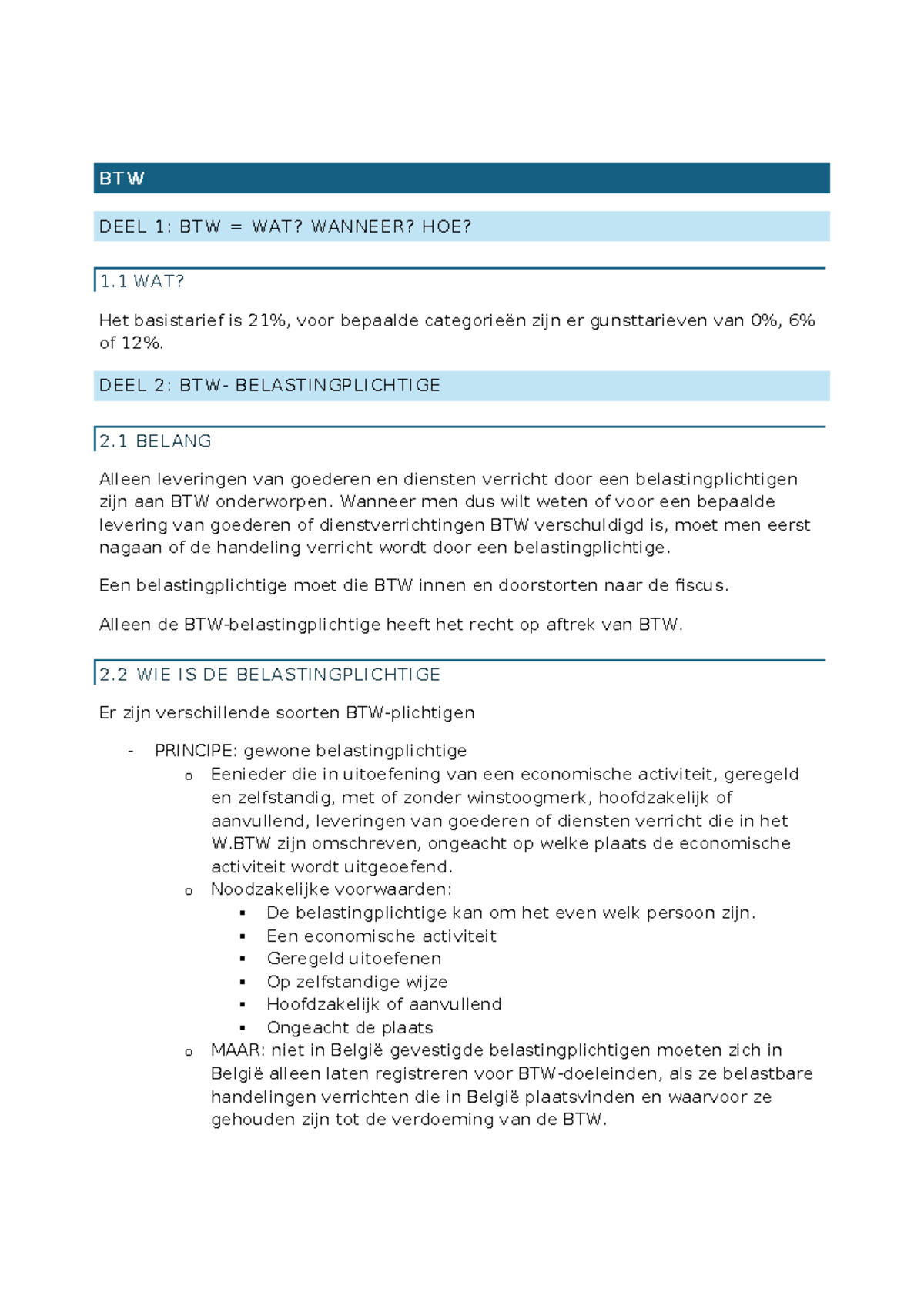 BTW Samenvatting en Belastingplicht voor BTW-plichtigen - Studocu
