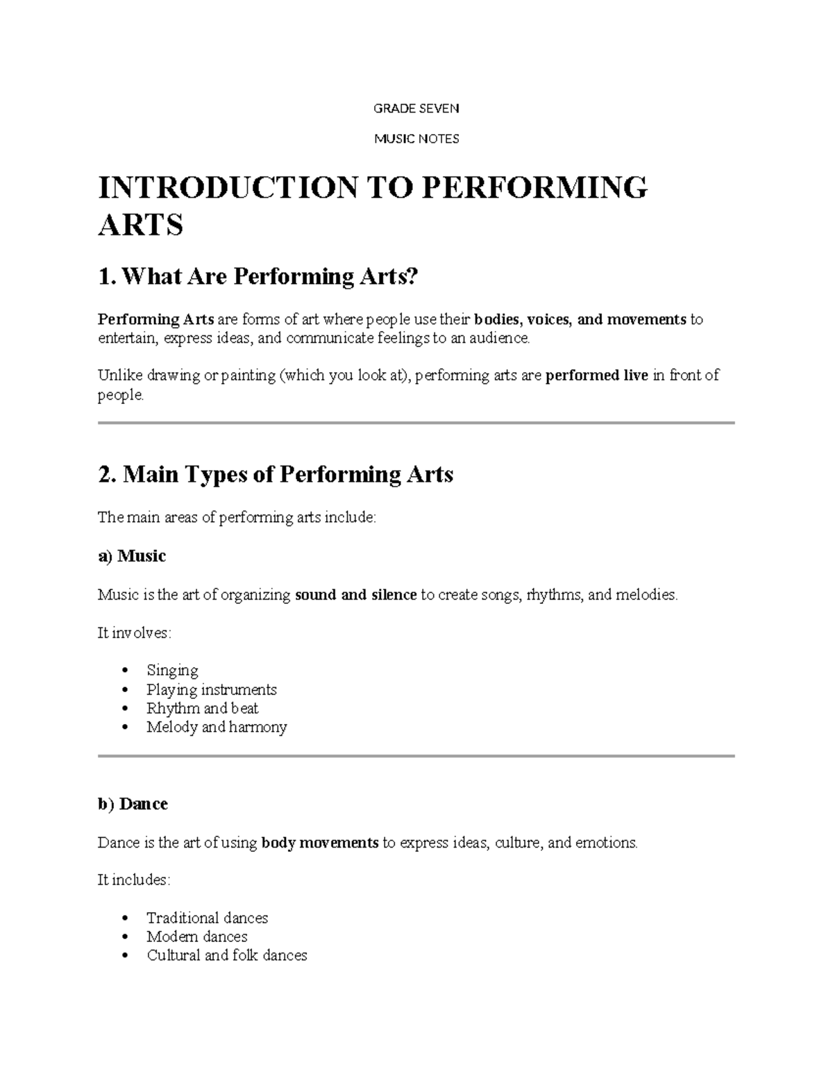 Grade 7 Music Notes: Intro to Performing Arts & Note Values - Studocu