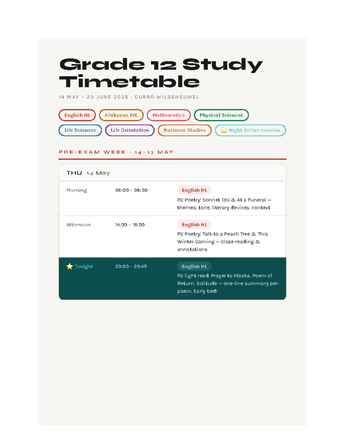 Grade 12 Study Timetable: Pre-Exam Week (May 14 - June 23, 2026) - Studocu