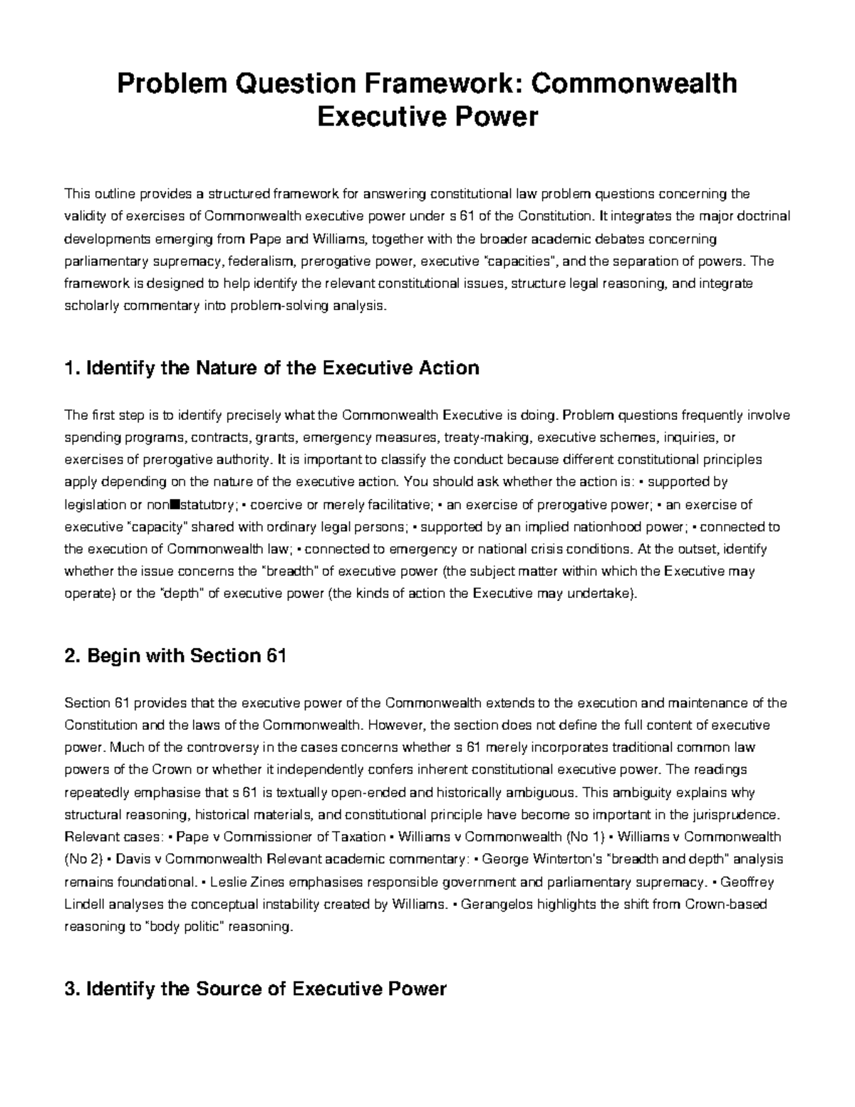 Commonwealth Executive Power: Problem Question Framework Outline - Studocu