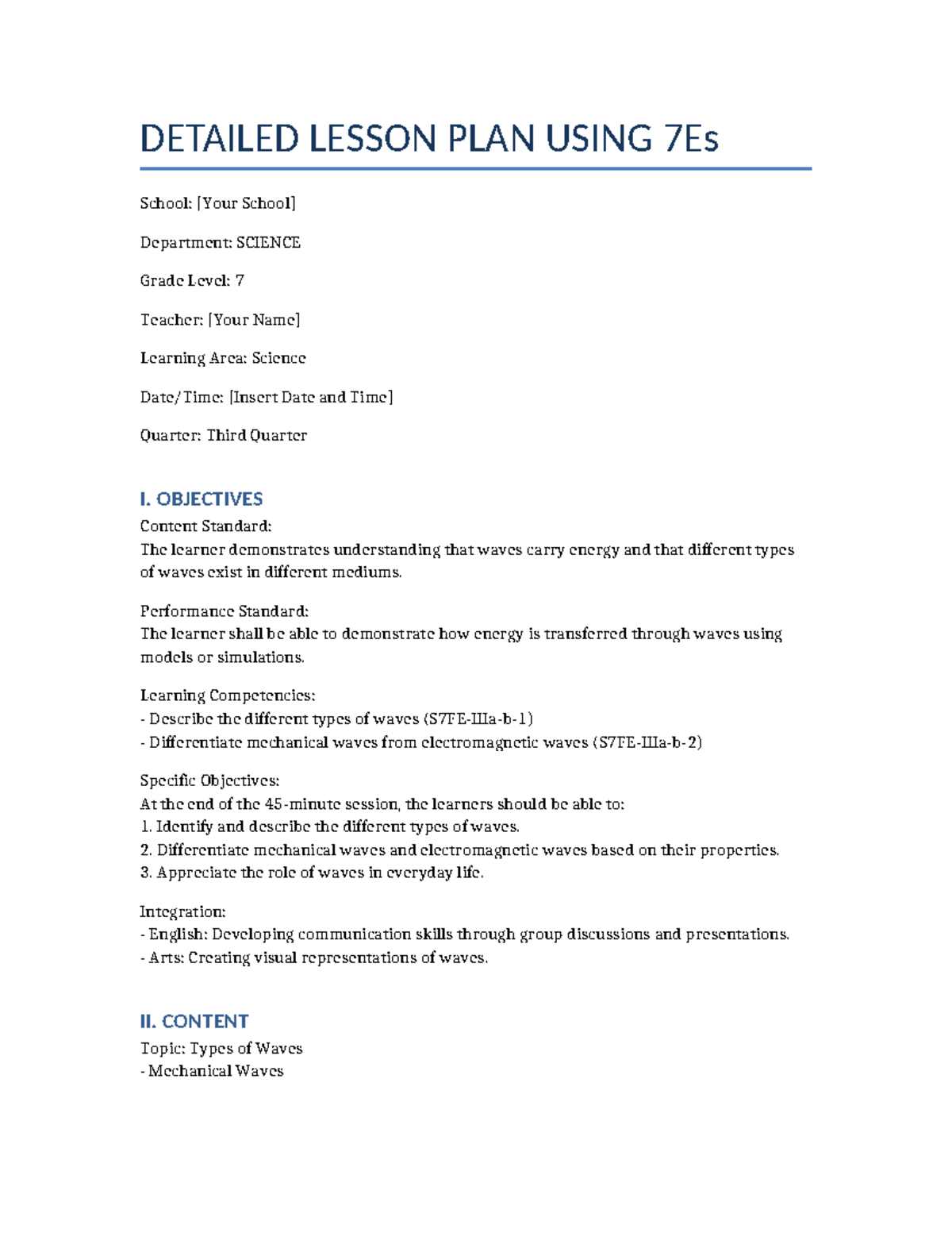 Grade 7 Science 7Es Lesson Plan: Understanding Types of Waves - Studocu