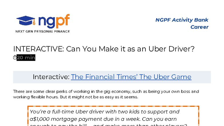 NGPF Activity Bank: Interactive Uber Driver Game Analysis - Studocu