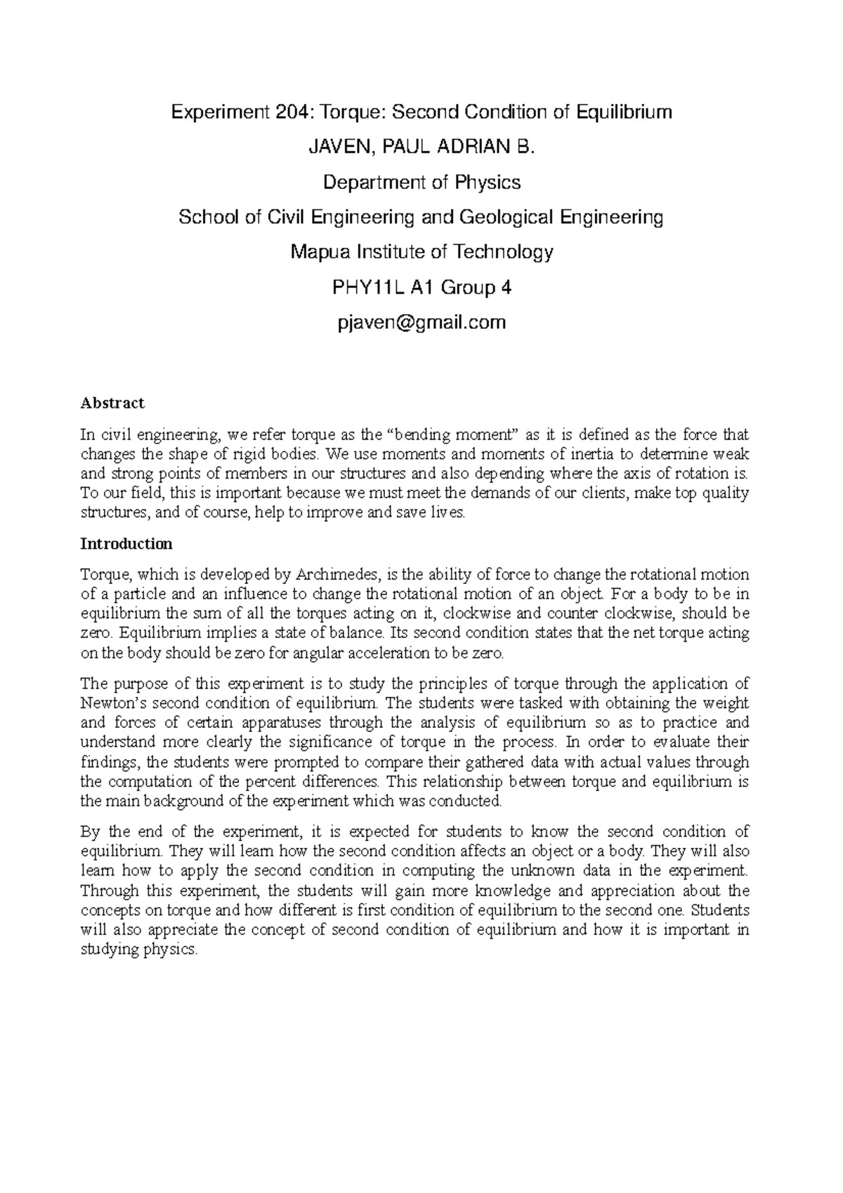 Torque Experiment: Second Condition of Equilibrium in PHY11L (E204 ...