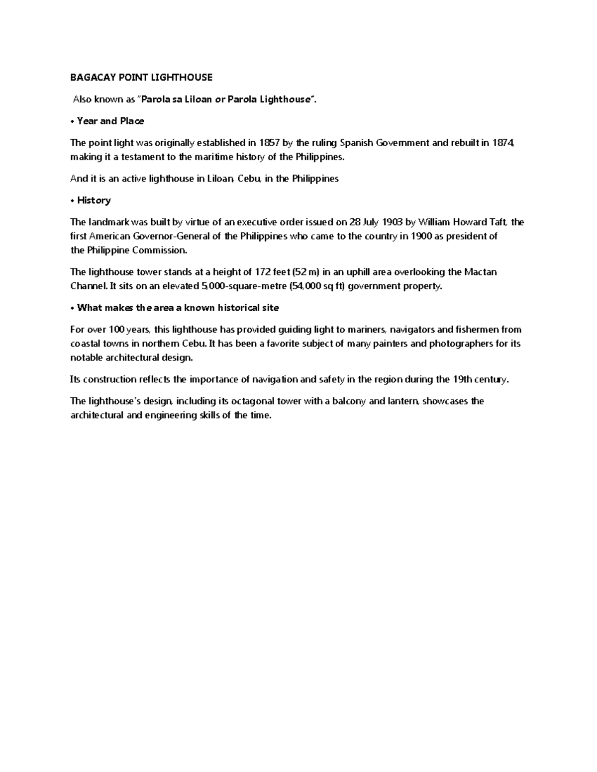 History of Bagacay Point Lighthouse: A Maritime Legacy in Cebu - Studocu