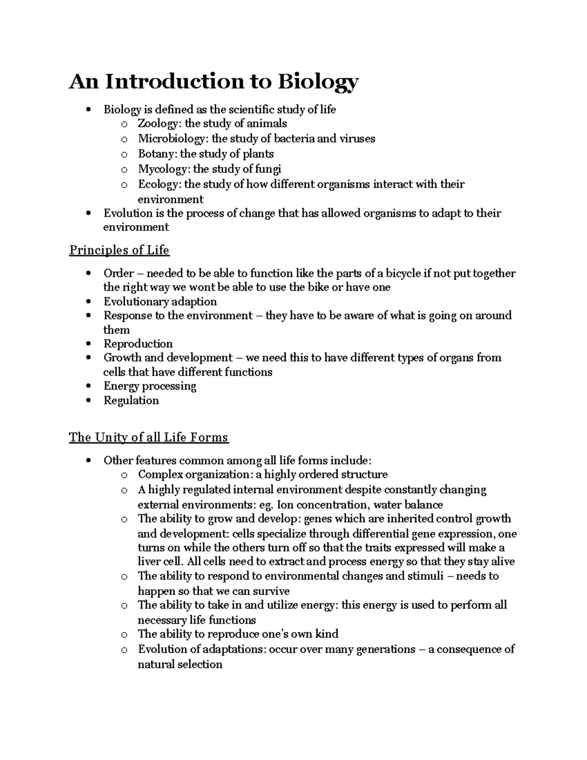 An Introduction to Biology Notes 2 - An Introduction to Biology Biology ...