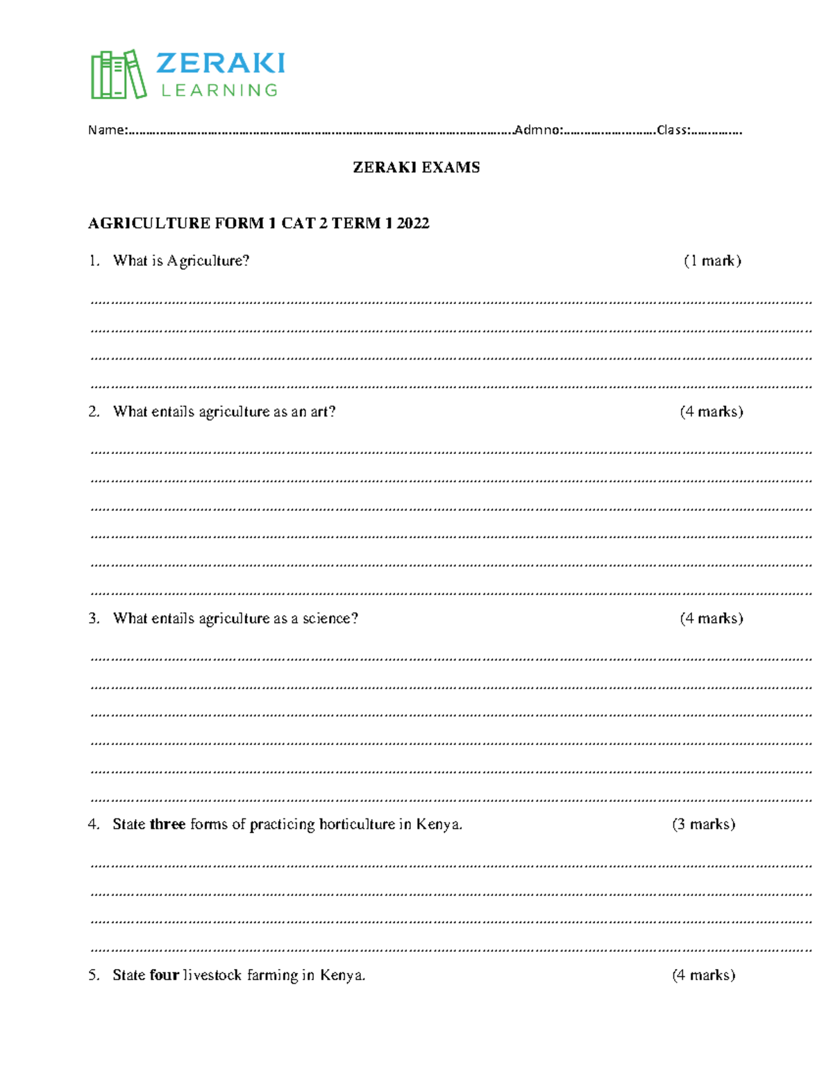 Agriculture Form 1 CAT 2 Term 1 2022 - Question Paper - Studocu