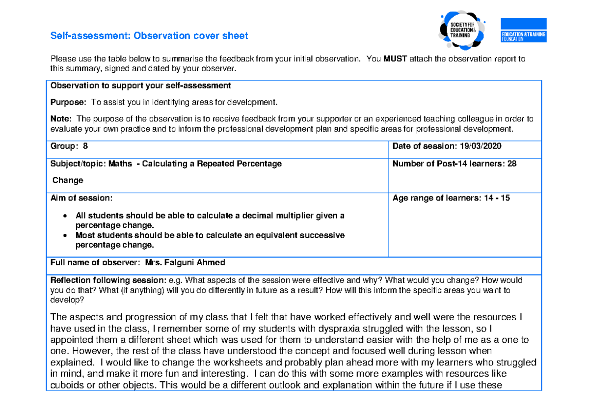 Initial observation cover sheet - Self-assessment: Observation cover ...