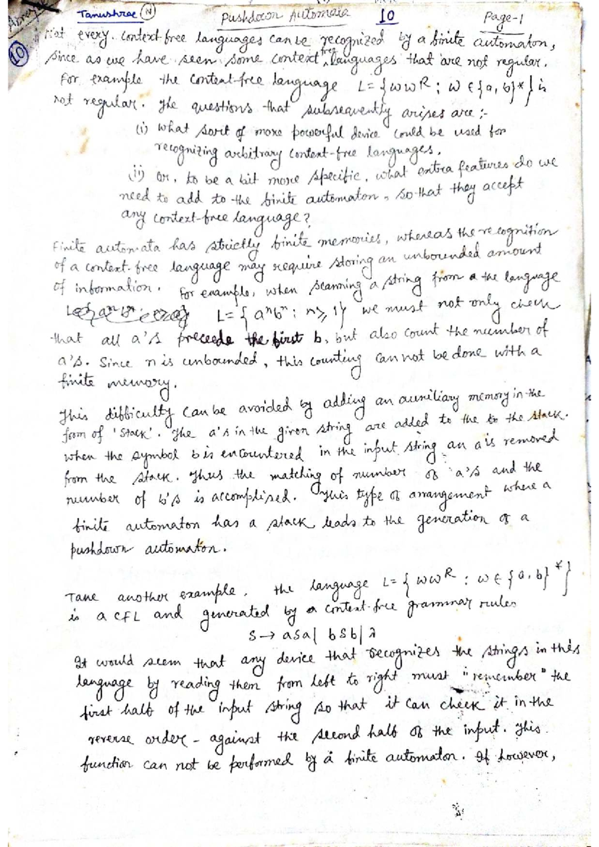 PUSH DOWN Automata (PDA) - Comprehensive Study Notes - Studocu