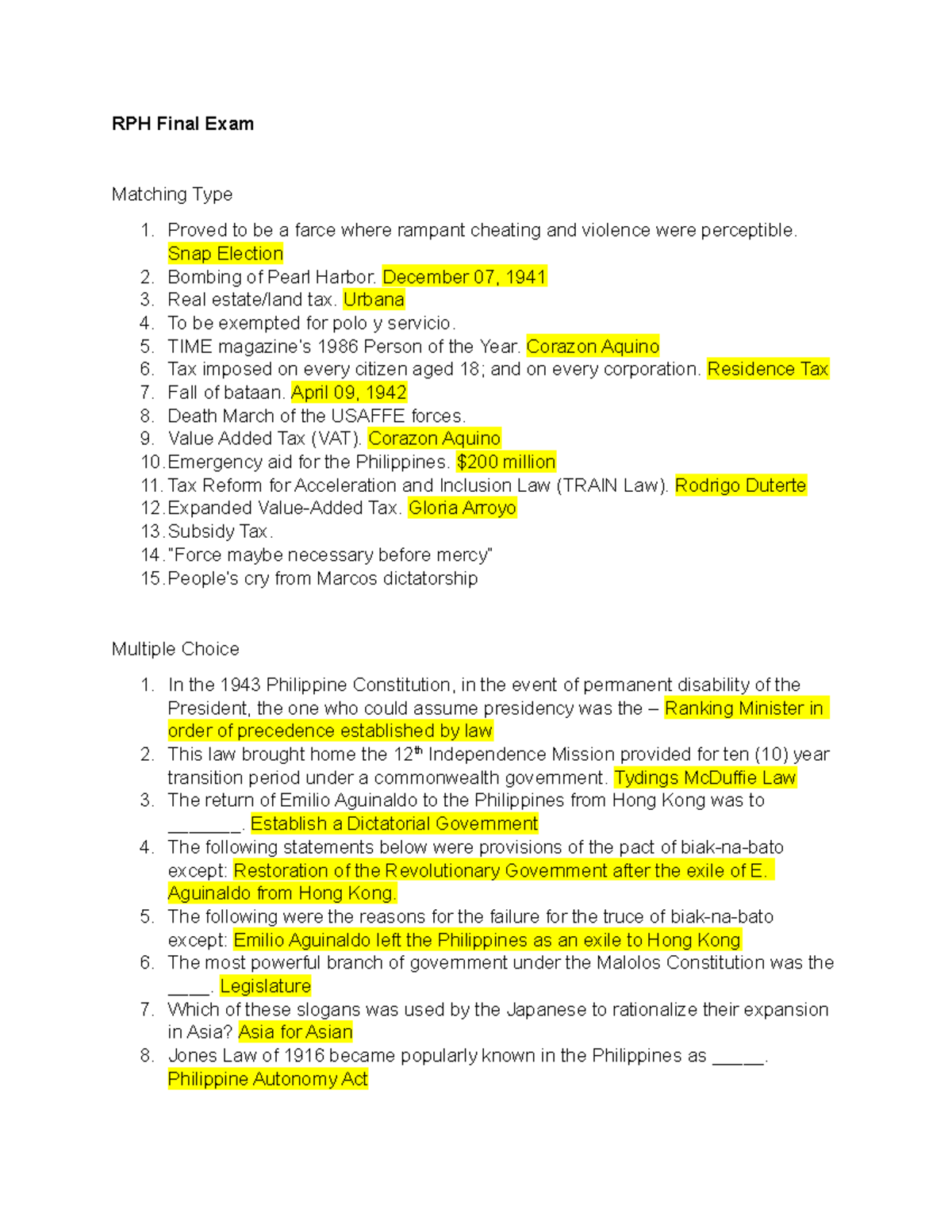 RPH Final Exam Auto Recovered - RPH Final Exam Matching Type 1. Proved to be a farce where ...