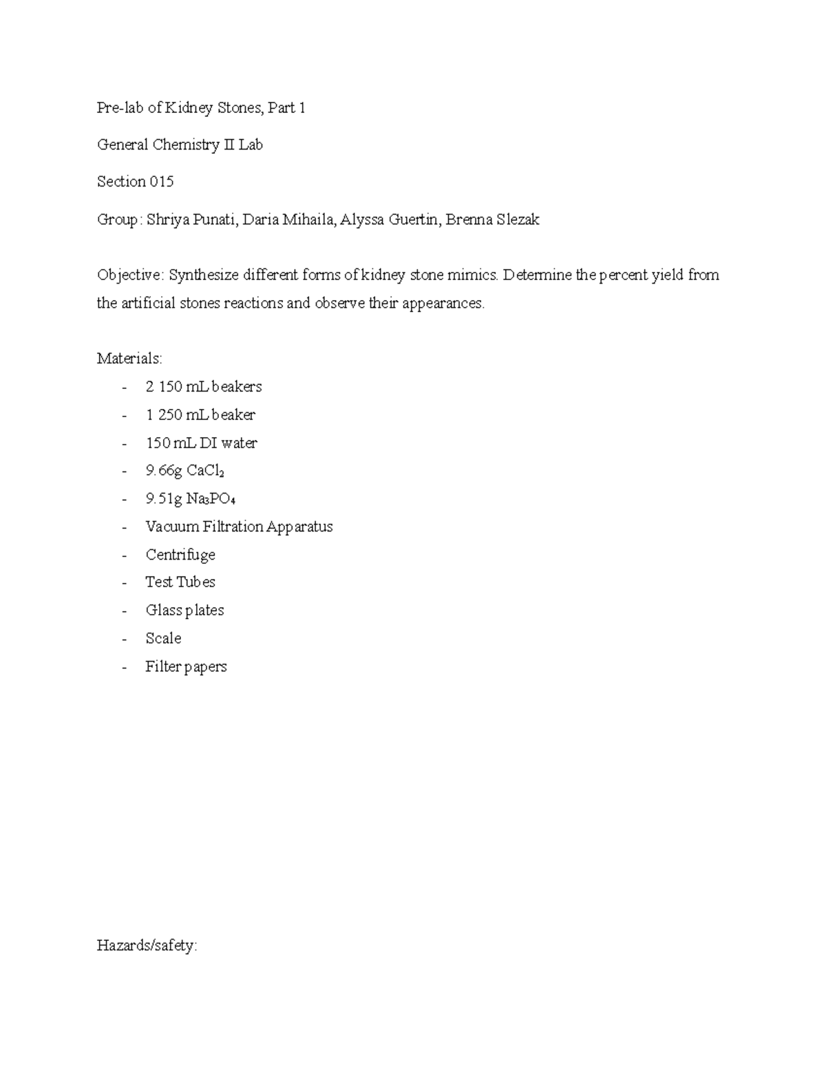 Kidney Stones Lab Report (CHEM II Lab) - Part 1 Analysis and Data - Studocu